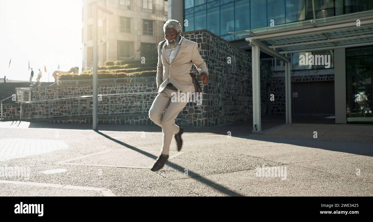 Senior business man, dancing and street for celebration, goals or happy ...