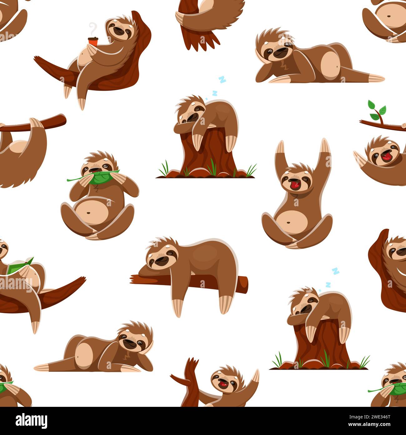 Cartoon sloth character seamless pattern, vector background with cute ...