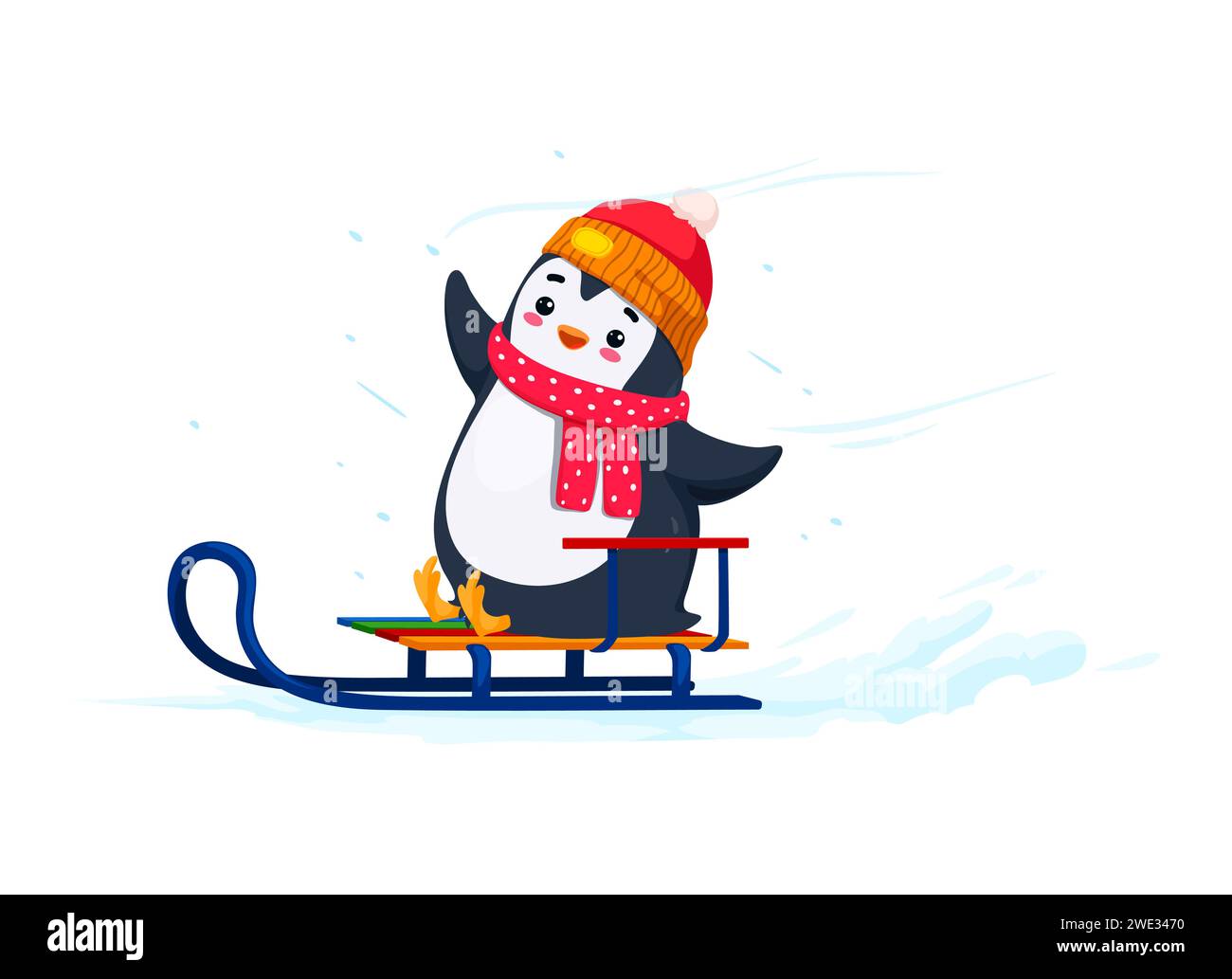 Cartoon cute funny penguin character joyfully rides a sled. Isolated ...
