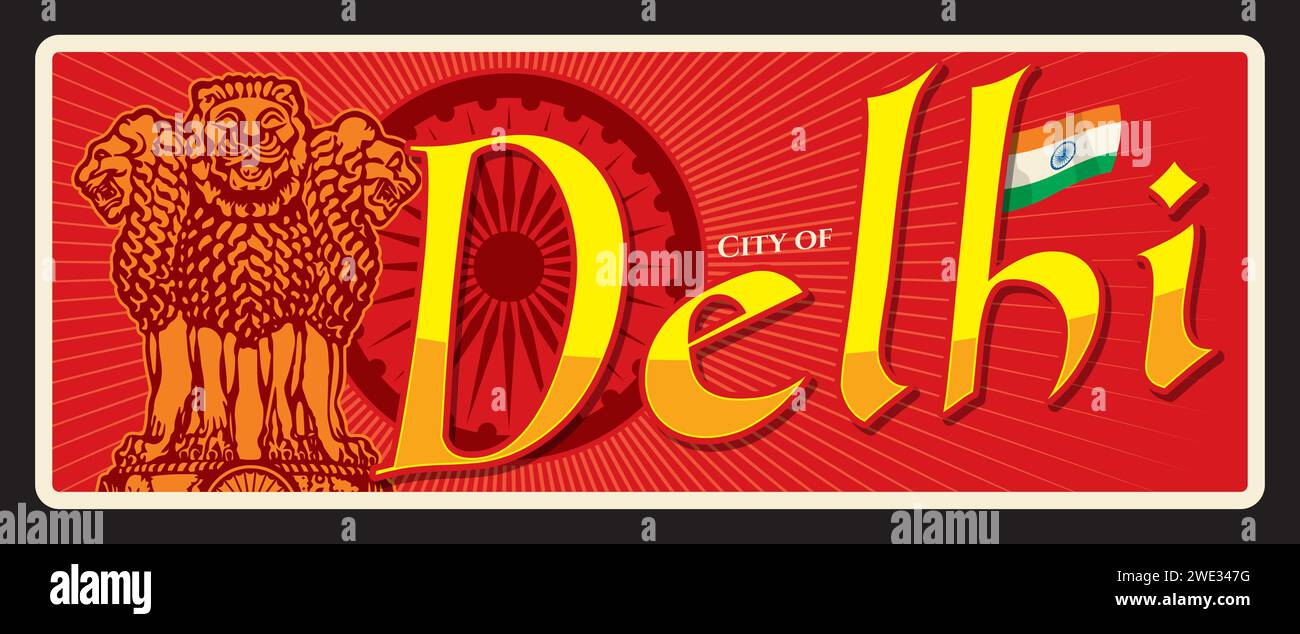 Delhi indian travel plate, sticker of India. India city vintage poster ...