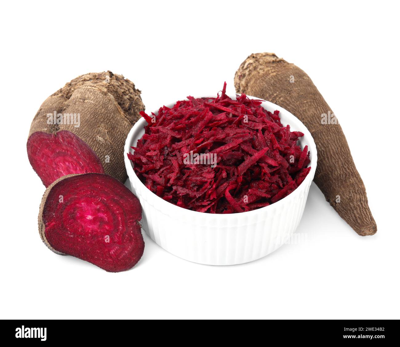 Whole, cut and grated red beets in bowl isolated on white Stock Photo ...