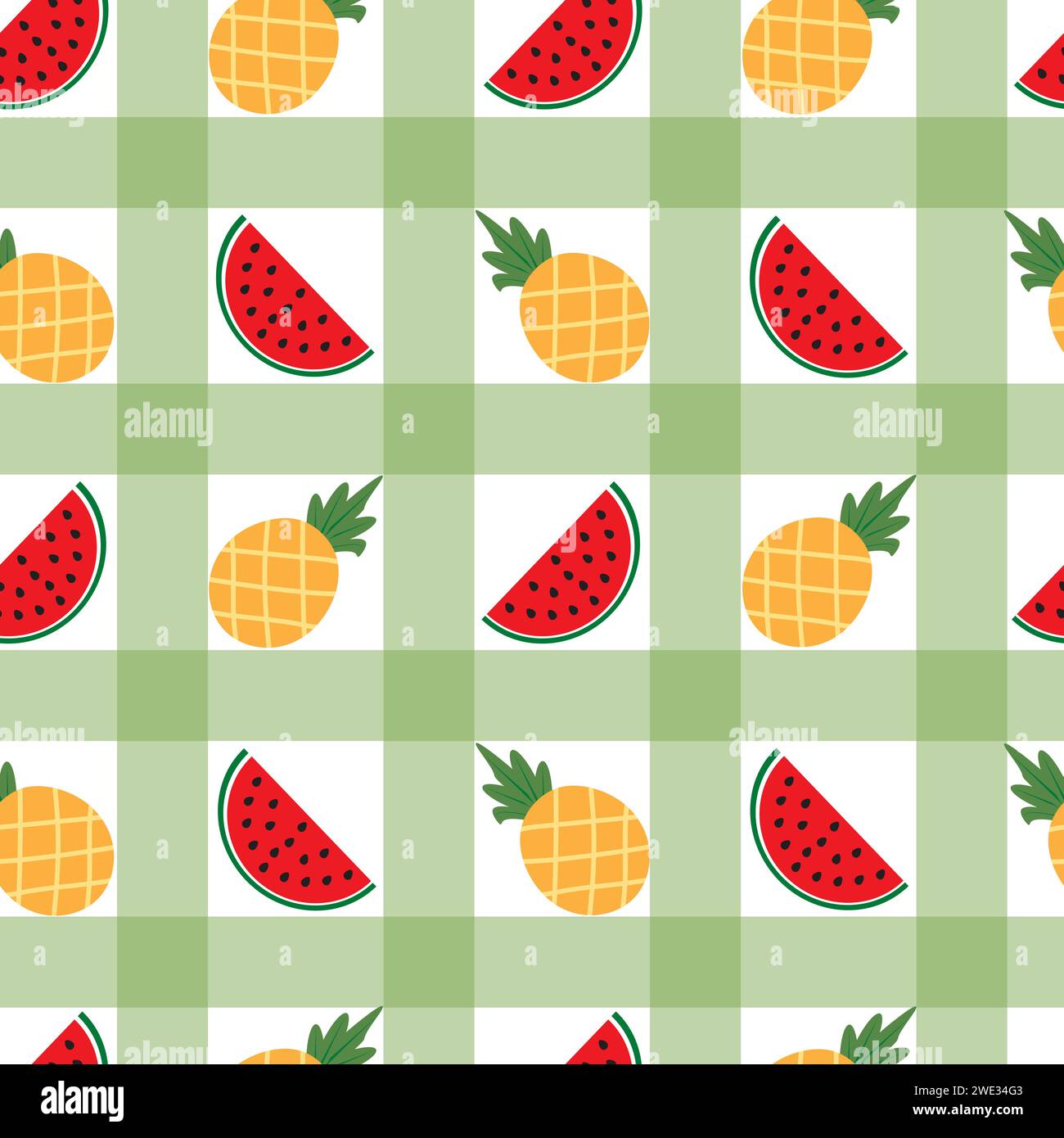 Gingham plaid, tartan fabric texture with watermelon and pineapple ...