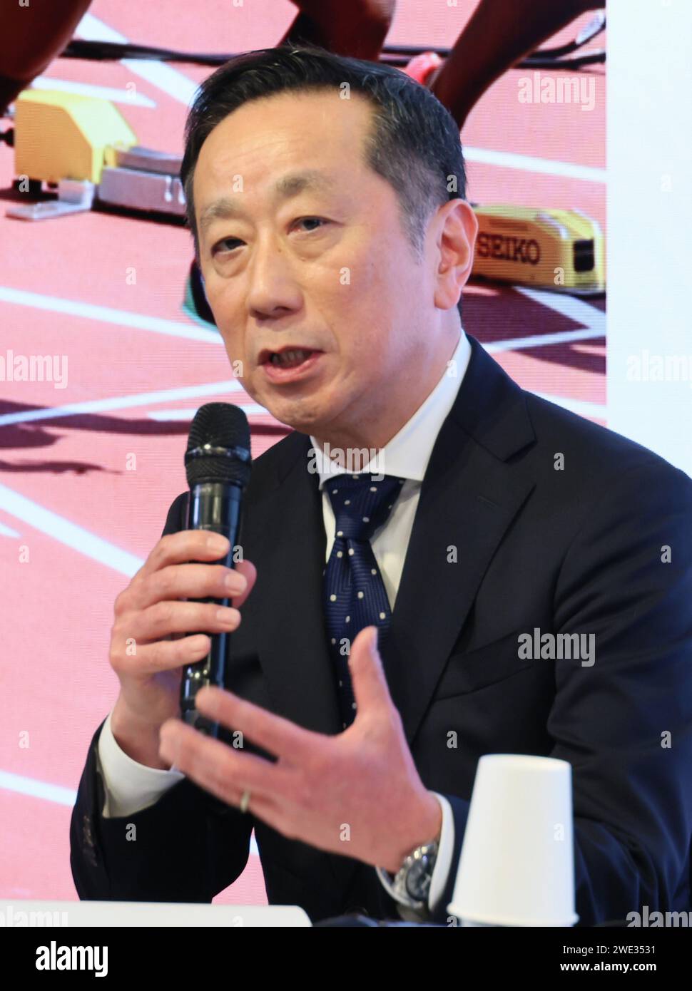 Tokyo, Japan. 23rd Jan, 2024. Sony presiden Kimio Maki answers a ...