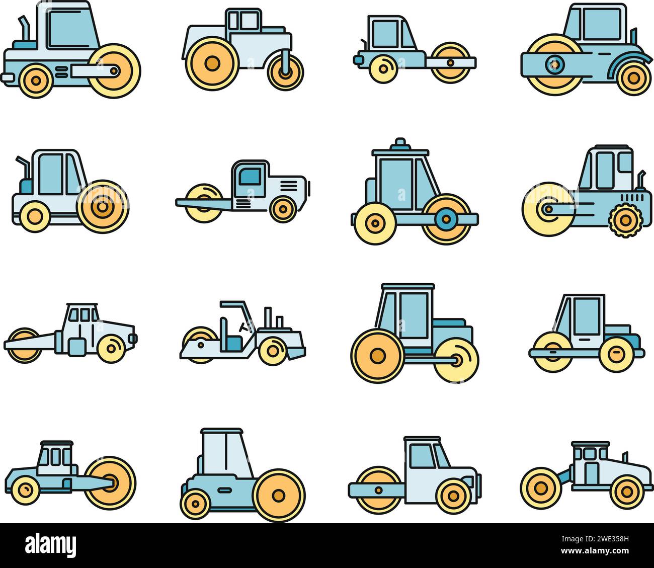 Construction road roller icons set. Outline set of construction road ...