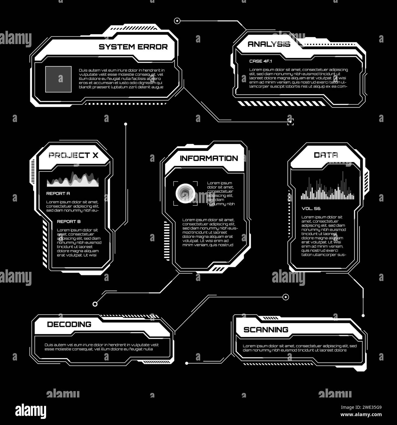 White futuristic HUD, UI elements. Sci-fi user interface text boxes, callouts. Warning message ...