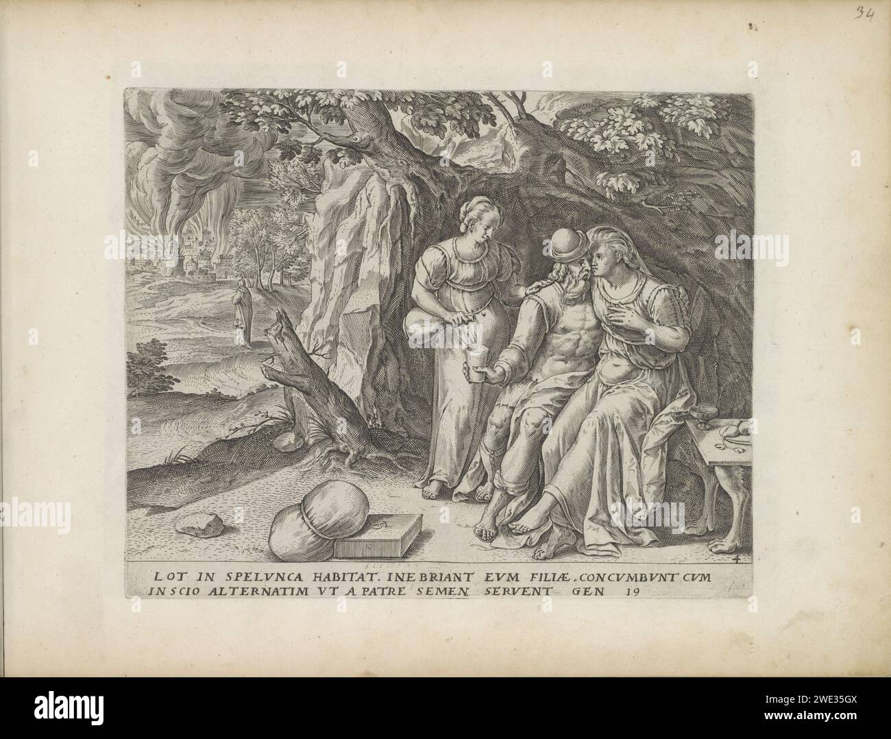 Lot and his daughters, 1643 print Lot is in a cave next to one of his ...