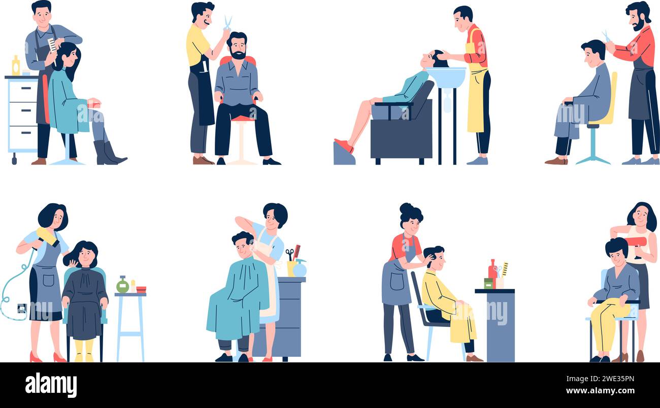 Hairdresser characters. Hairdressers working, stylist in beauty salon ...