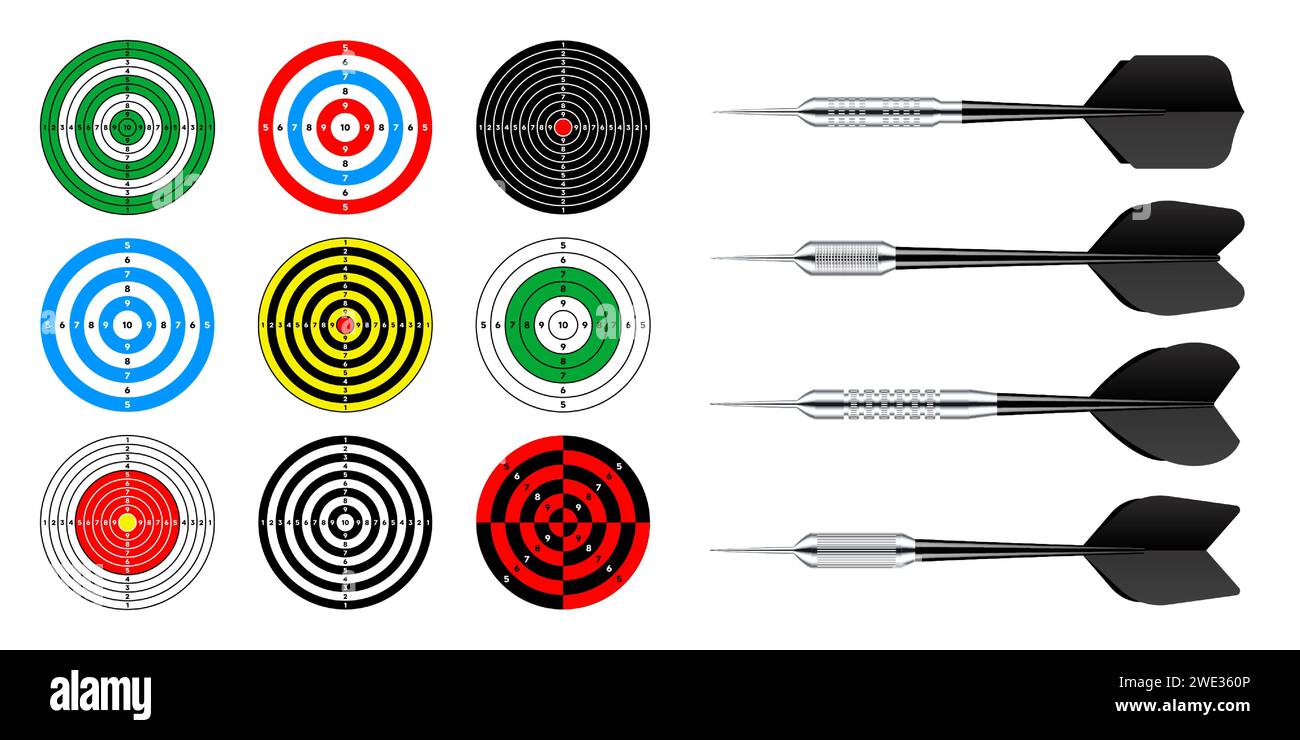 Paper targets with dart arrows. Shooting range round target, divisions ...
