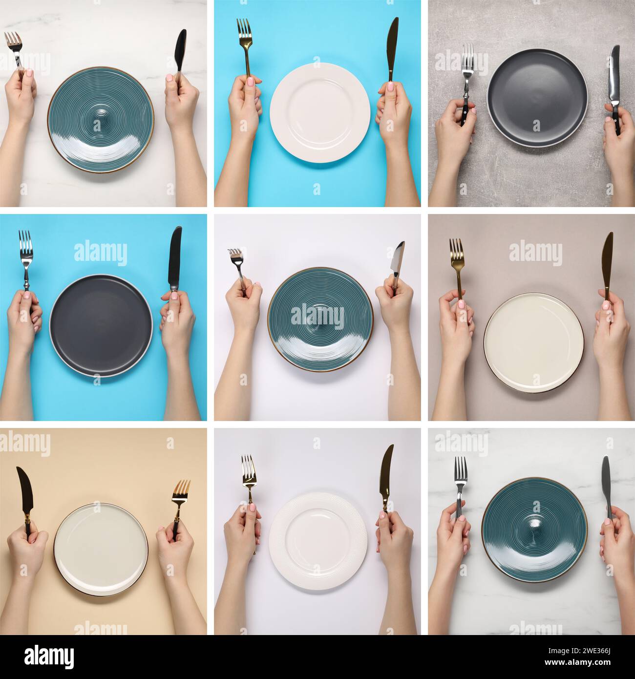 People with cutlery and clean plates on different backgrounds, top view ...