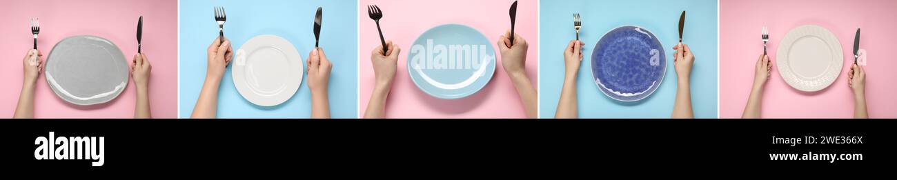 People with cutlery and clean plates on color backgrounds, top view ...