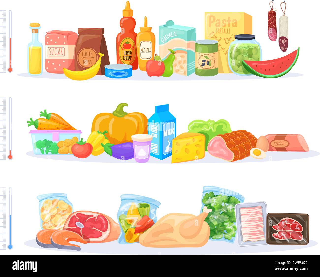 Fridge food storage. Products refrigeration temperature inside fridge or kitchen freezer ...