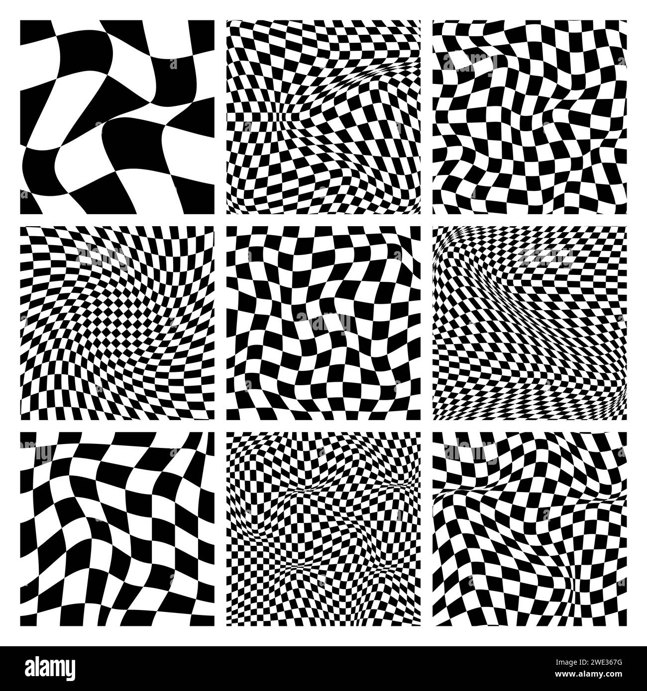 Trendy checkered pattern, black and white distorted tiled grid. Wavy curved backdrop, distortion ...