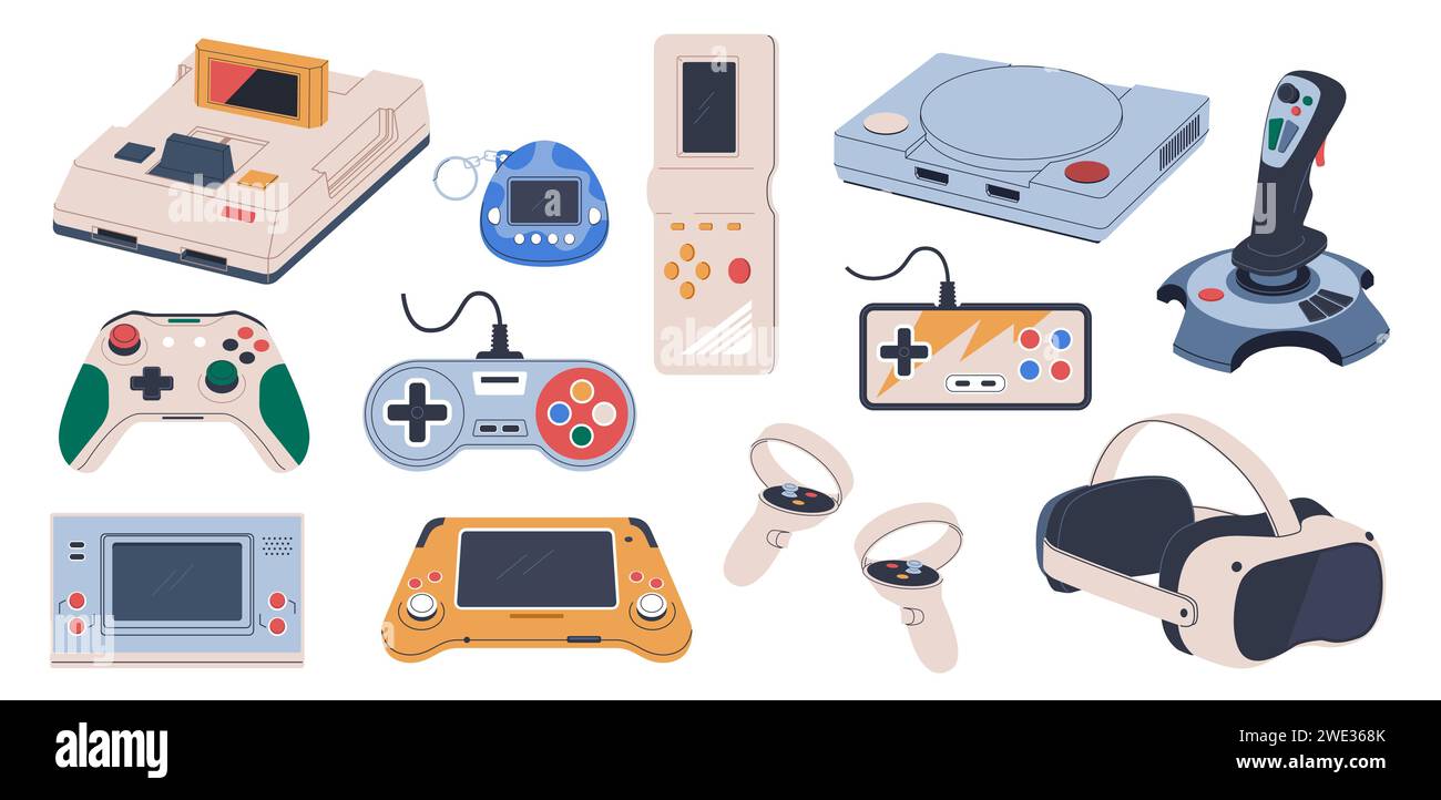 Video game devices. Remote controllers of game characters, retro and ...