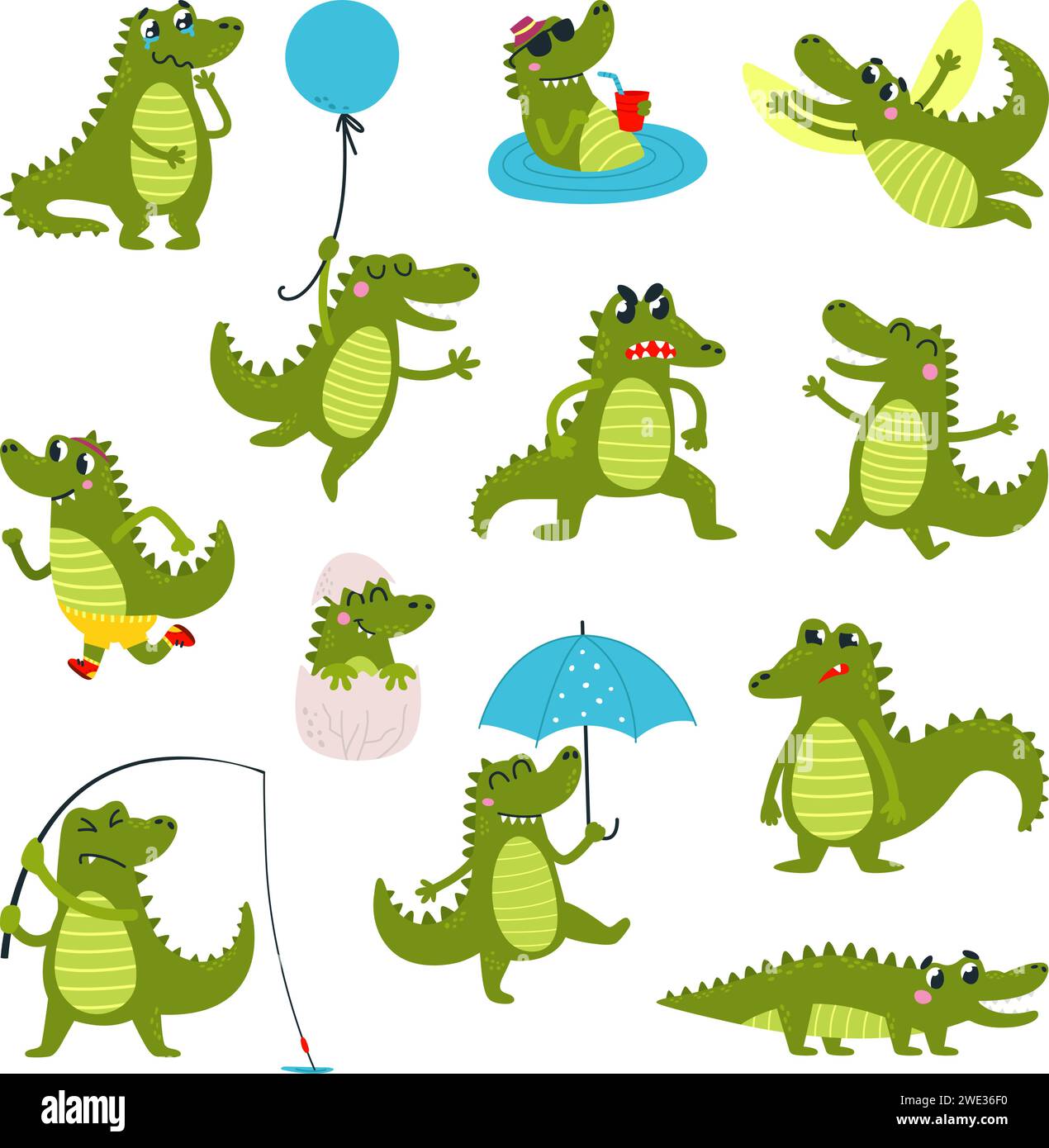 Crocodile funny character. Cartoon crocodiles in different situations ...