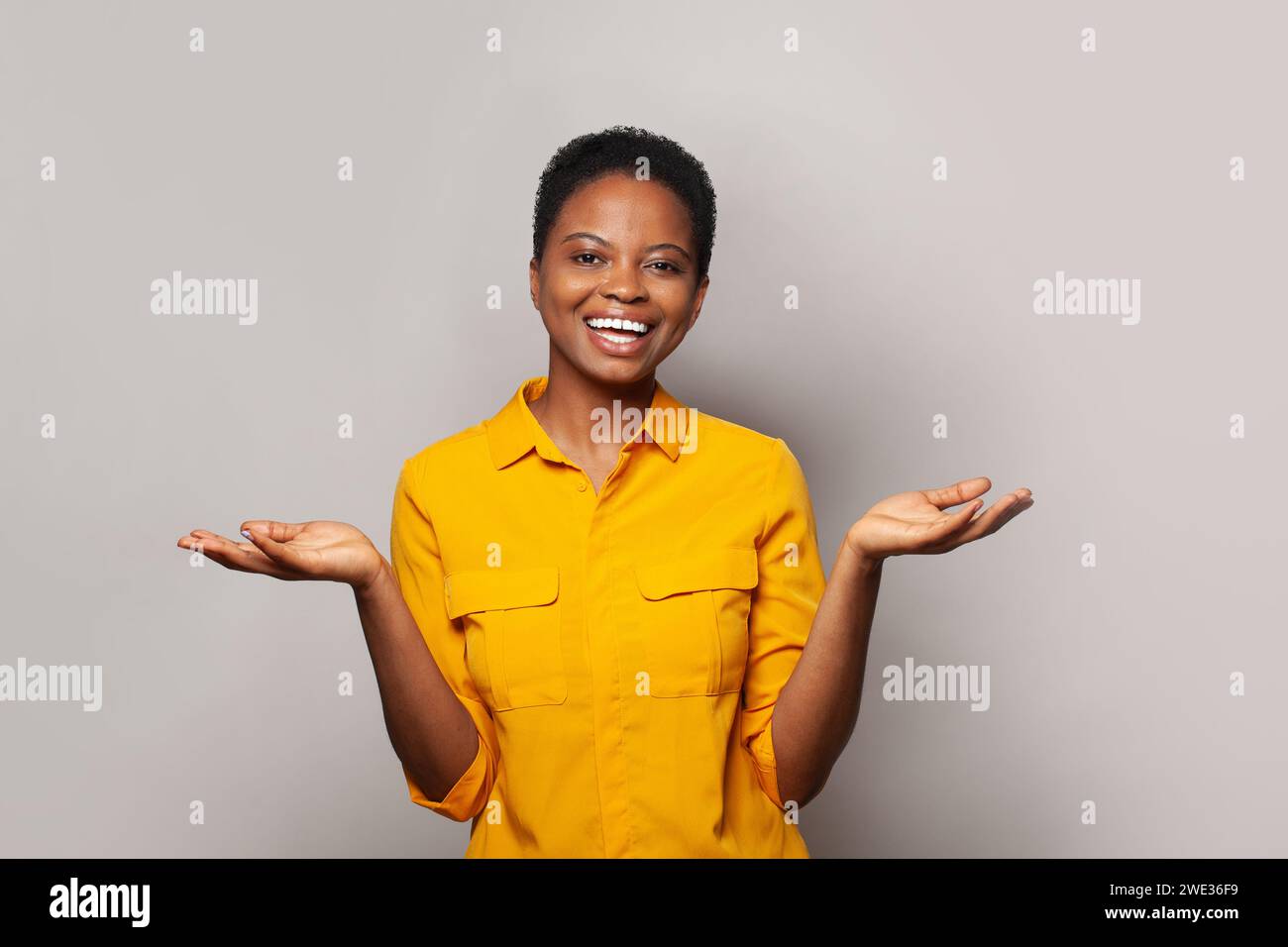 Happy shocked woman. Young emotional model, studio portrait. Surprise ...