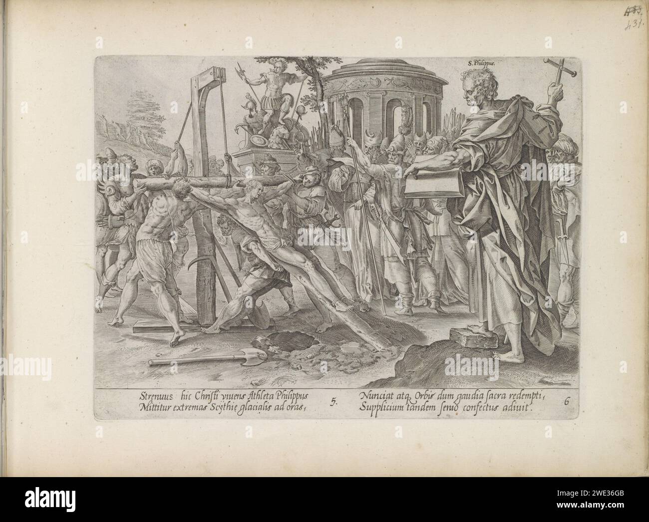 Martyrdom of Filippus, 1643 print Philip is crucified. On the right ...