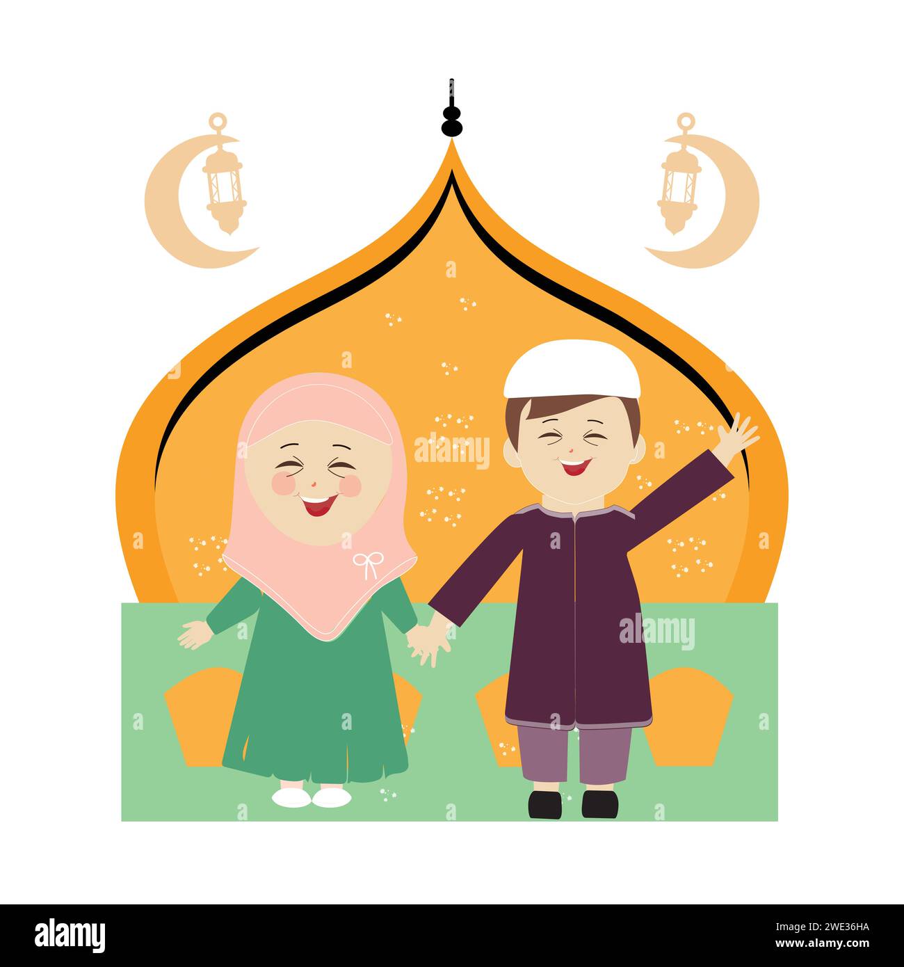 Happy ramadan kareem with kids character illustration. Moslem boy and ...