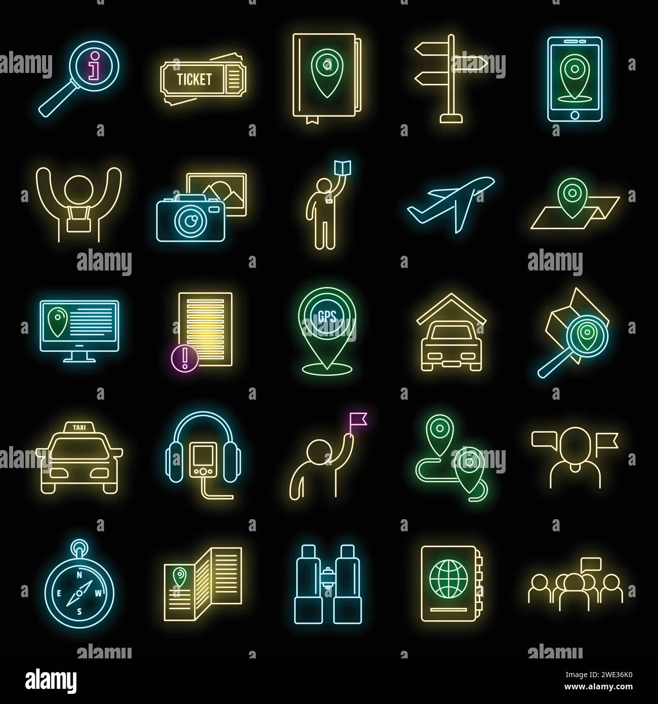 Guide tour icons set. Outline set of guide tour vector icons neon color ...