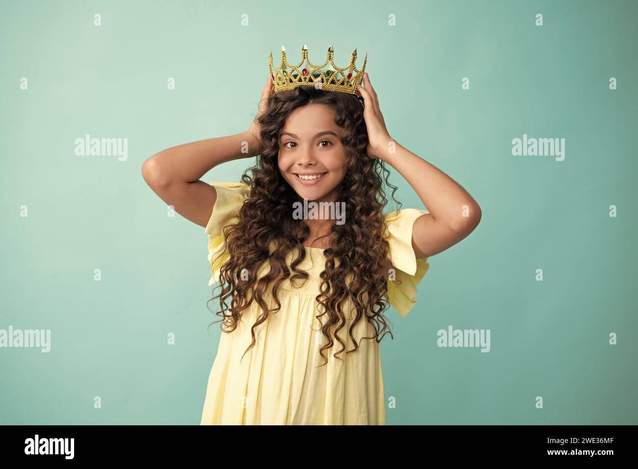 Teenager princess child celebrates success win and victory. Teen girl ...