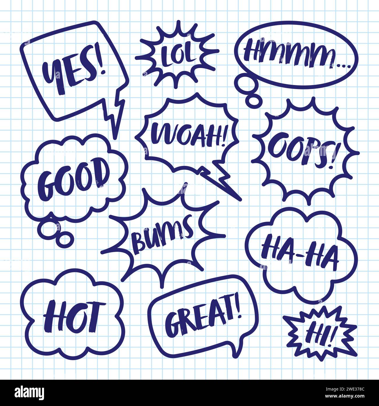 Hand drawn comic speech bubbles on checkered paper sheet. School ...