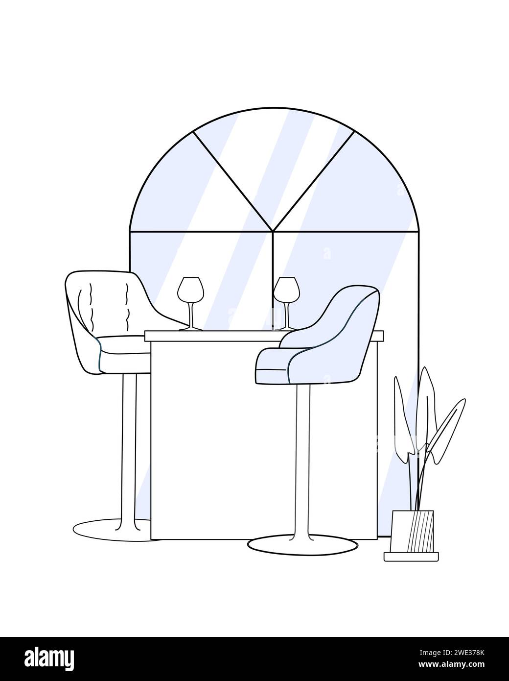 Linear interior illustration of high chairs and table with two wine ...