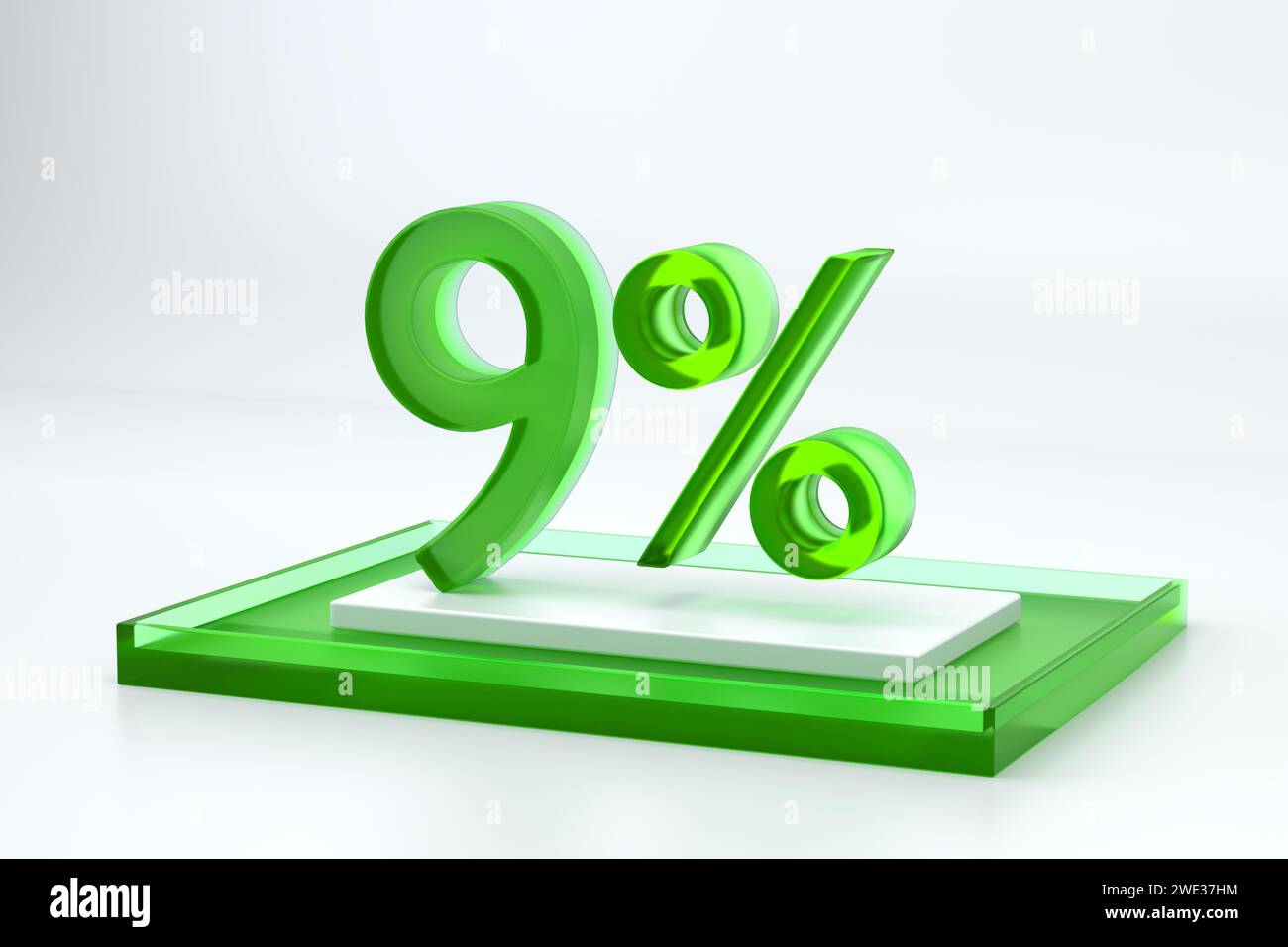 Green Glass nine percent or 9 in white studio background Stock Photo ...