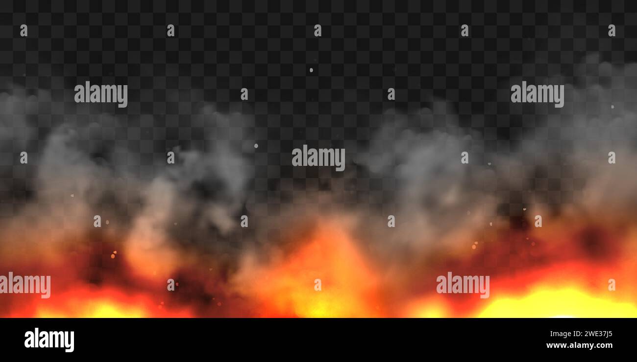 Realistic smoke clouds and fire. Flame blast, explosion. Stream of ...