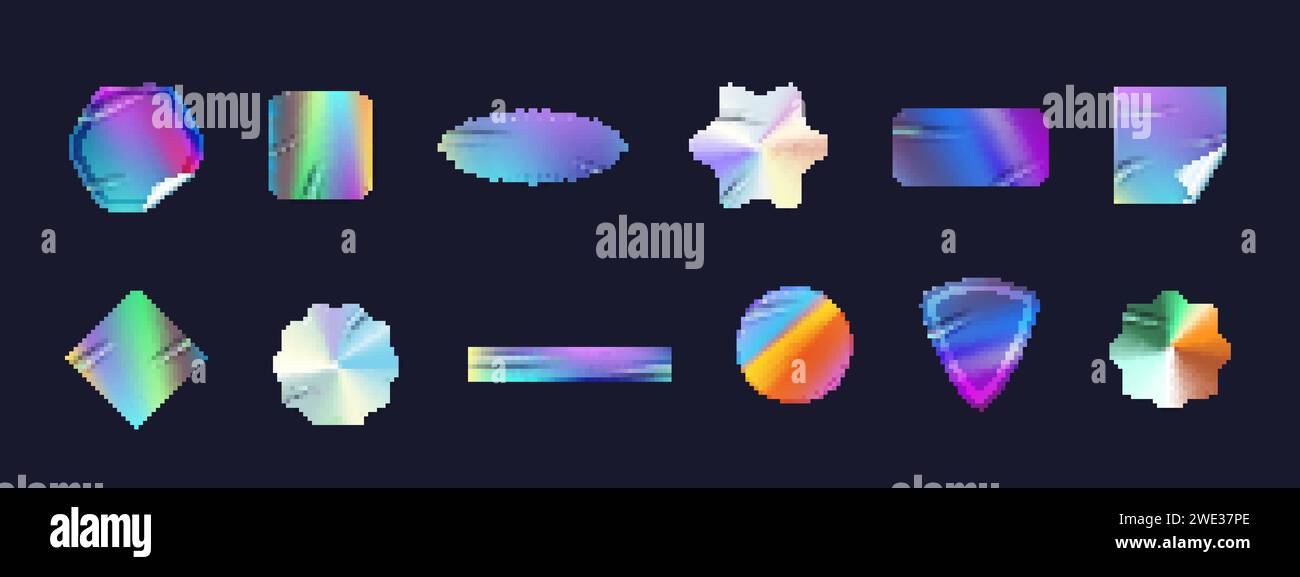 Holographic wrinkled stickers. Glow hologram badge wrinkles folded edge ...