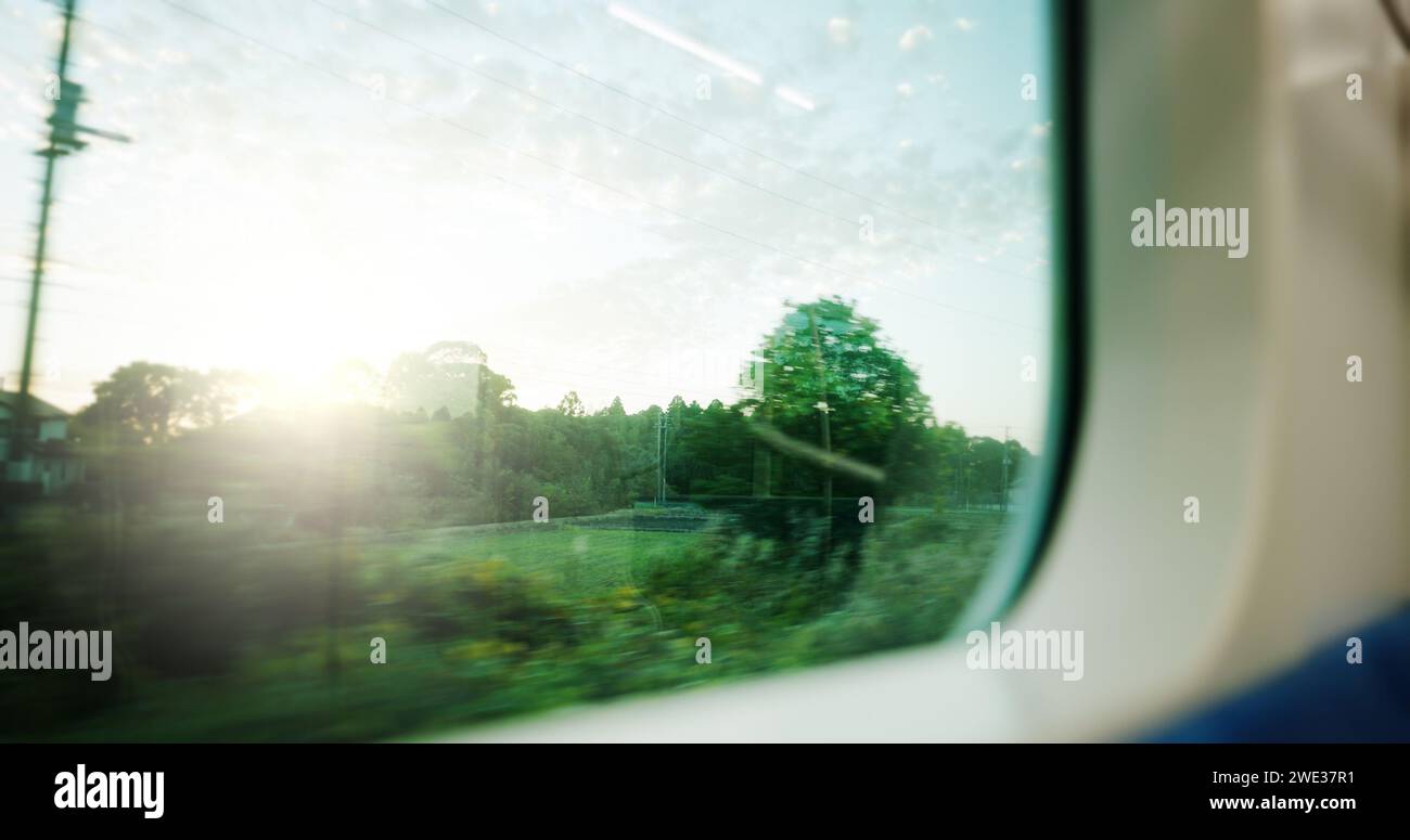 Train, window and nature view for moving transportation in Japan for ...
