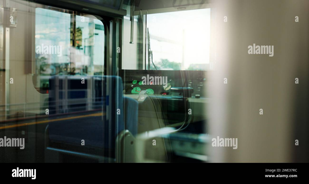 Train, window and rail transportation for commute or control room for ...