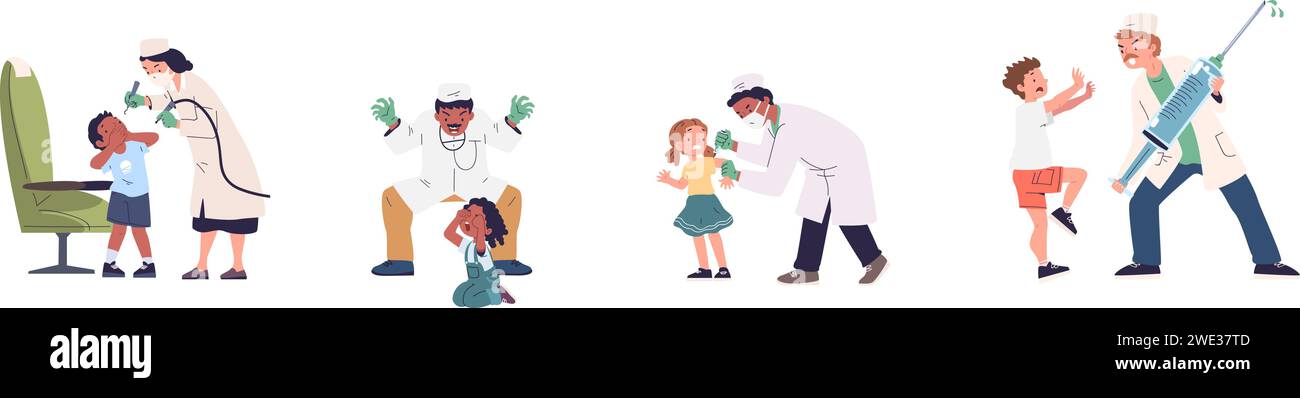 Children afraid doctor. Scared kids scape vaccine injection and dentist ...