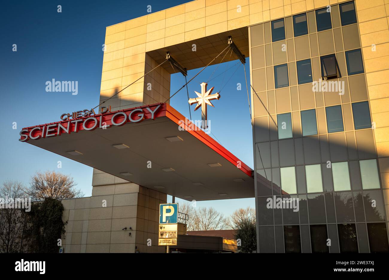 The main entrance to the modern Church of Scientology in Milan, Italy ...