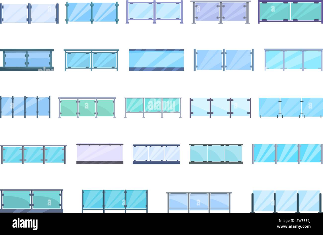Glass banister balcony icons set cartoon vector. Rail fence. Terrace ...