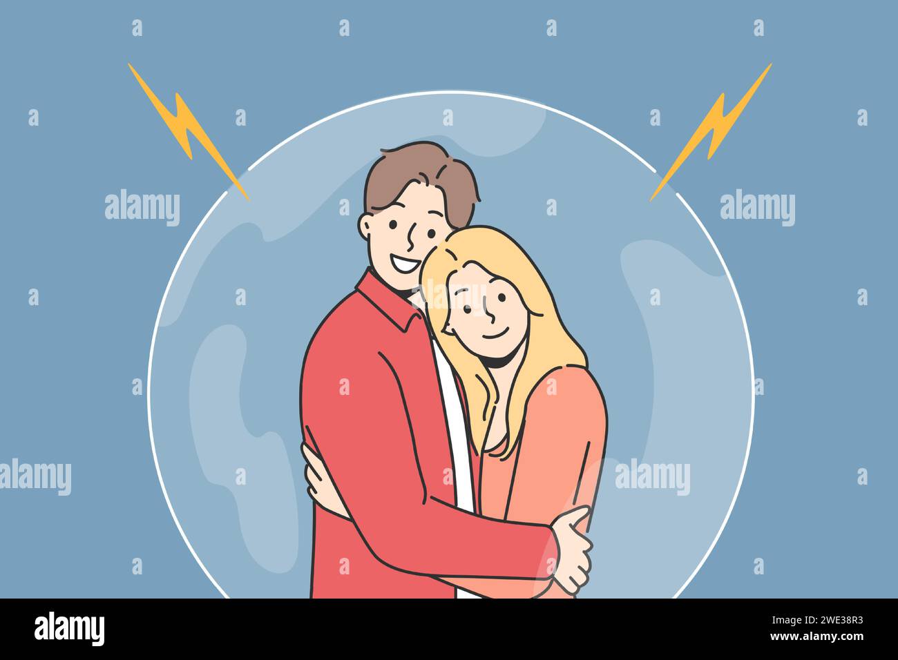 Couple in love hugs, standing in protective cocoon, feeling safe thanks ...