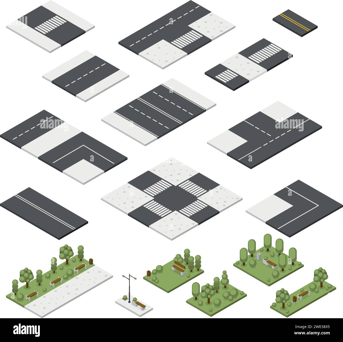 Isometric city streets elements, road modules design. Lawn and park ... Isometric city streets elements, road modules design. Lawn and park ...
