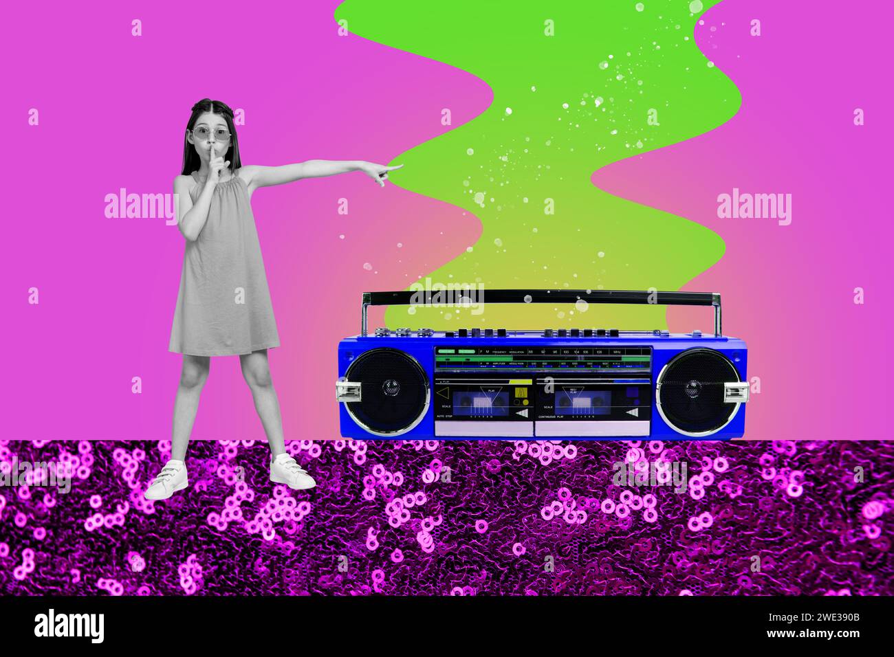 Collage picture poster of cute lovely little girl showing boombox ...