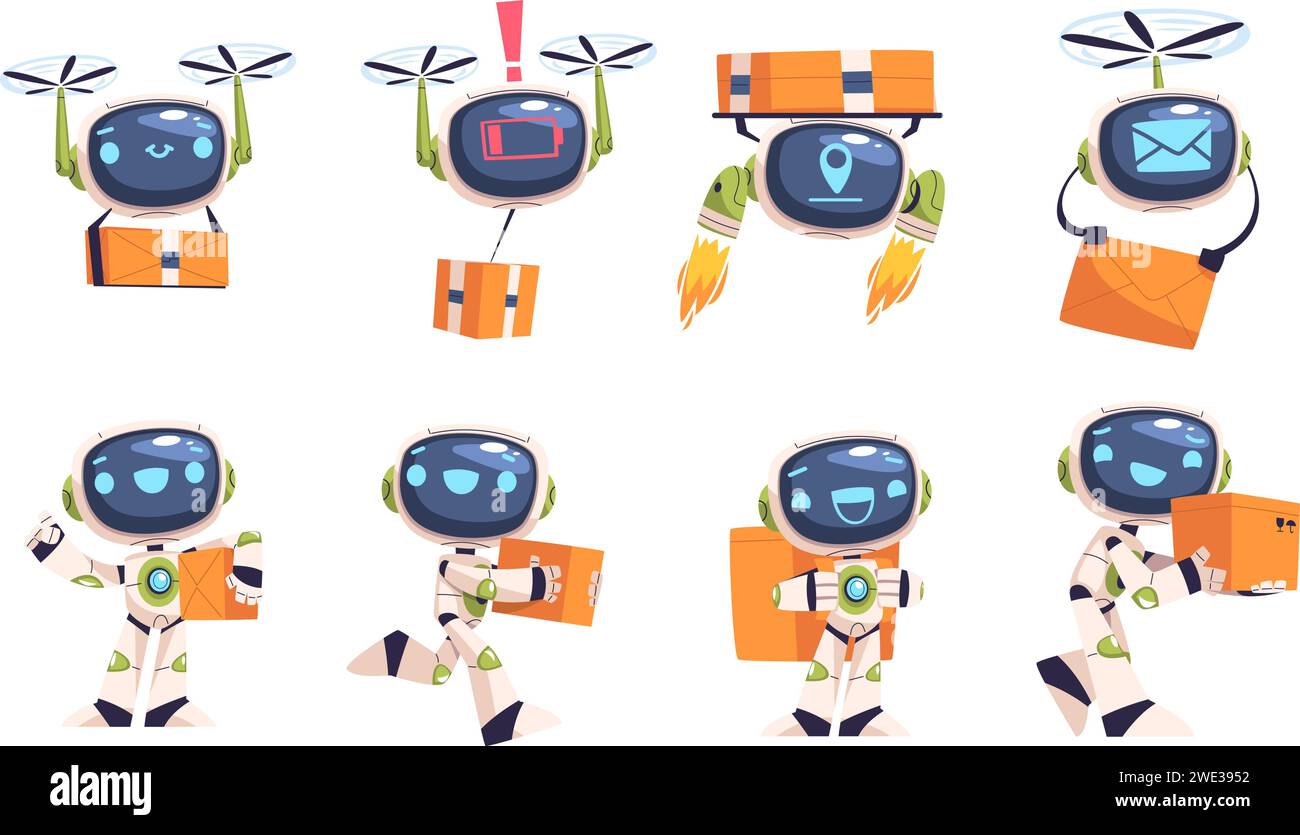 Delivery bot. Deliver drone mascot, speed robot character futuristic ...