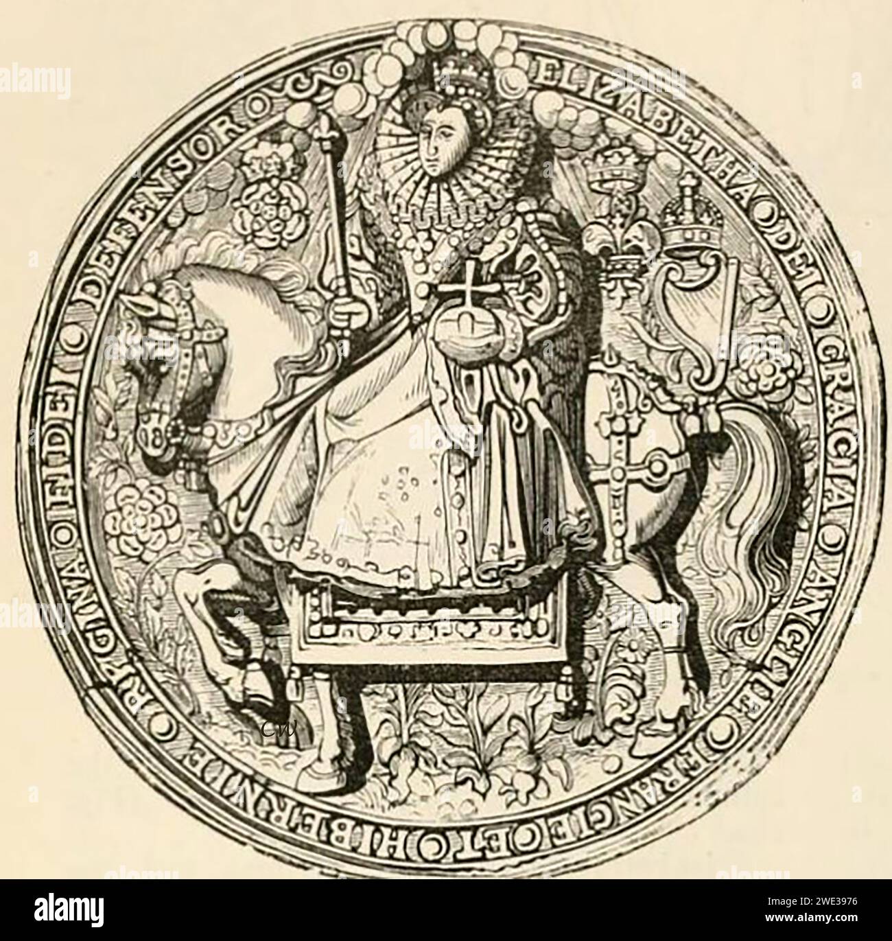 A seal of Queen Elizabeth I of England showing her on horseback Stock ...