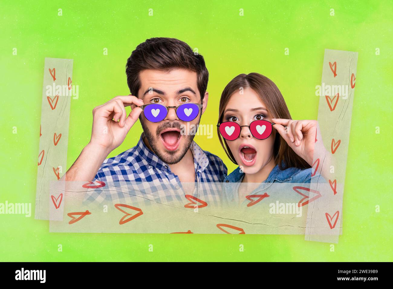 Creative picture banner poster young lovers guy lady couple wondering ...