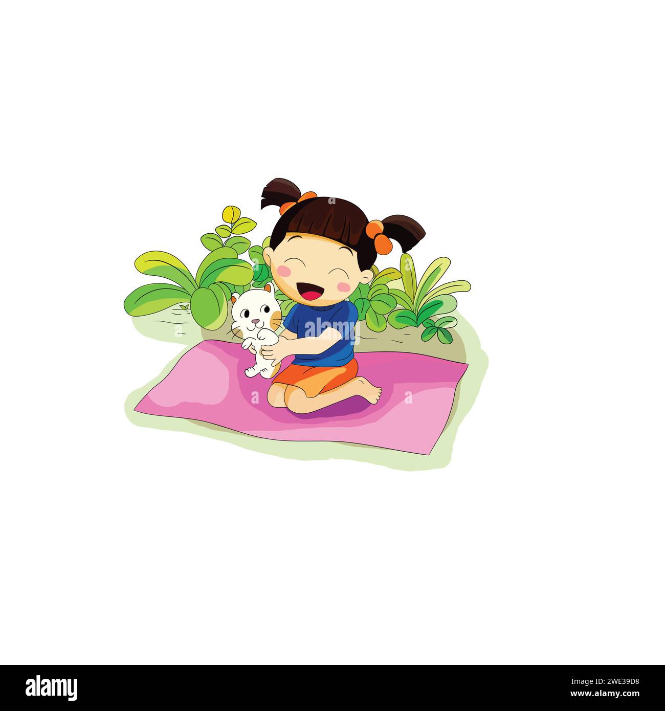 Cute little girl sitting and holding cat, cartoon flat vector ...