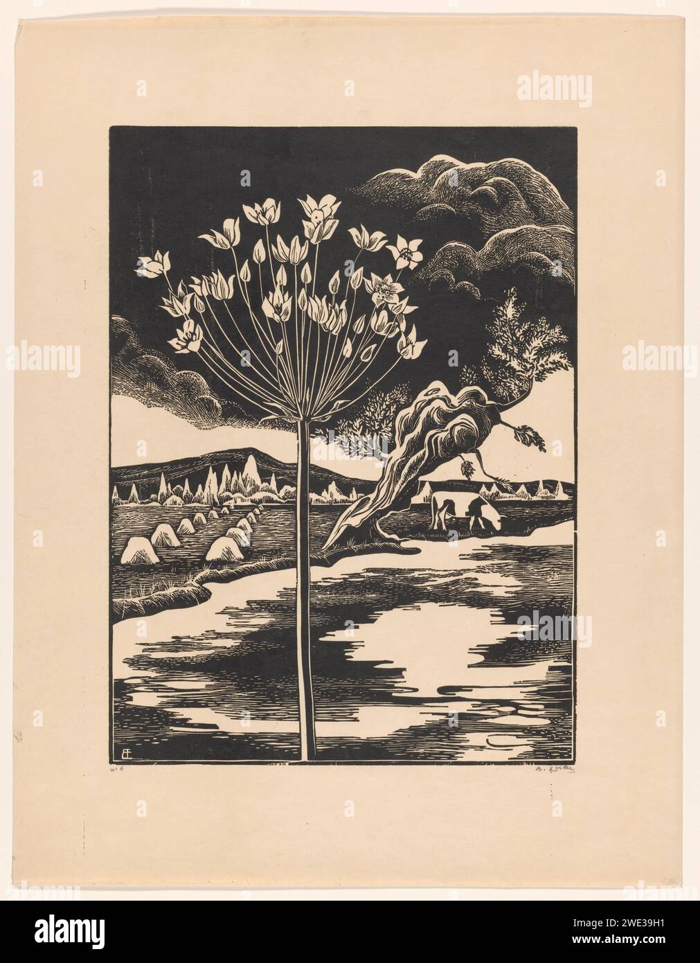 Zwanebloem in a landscape, Bernard Essers, 1937 - 1938 print paper ...