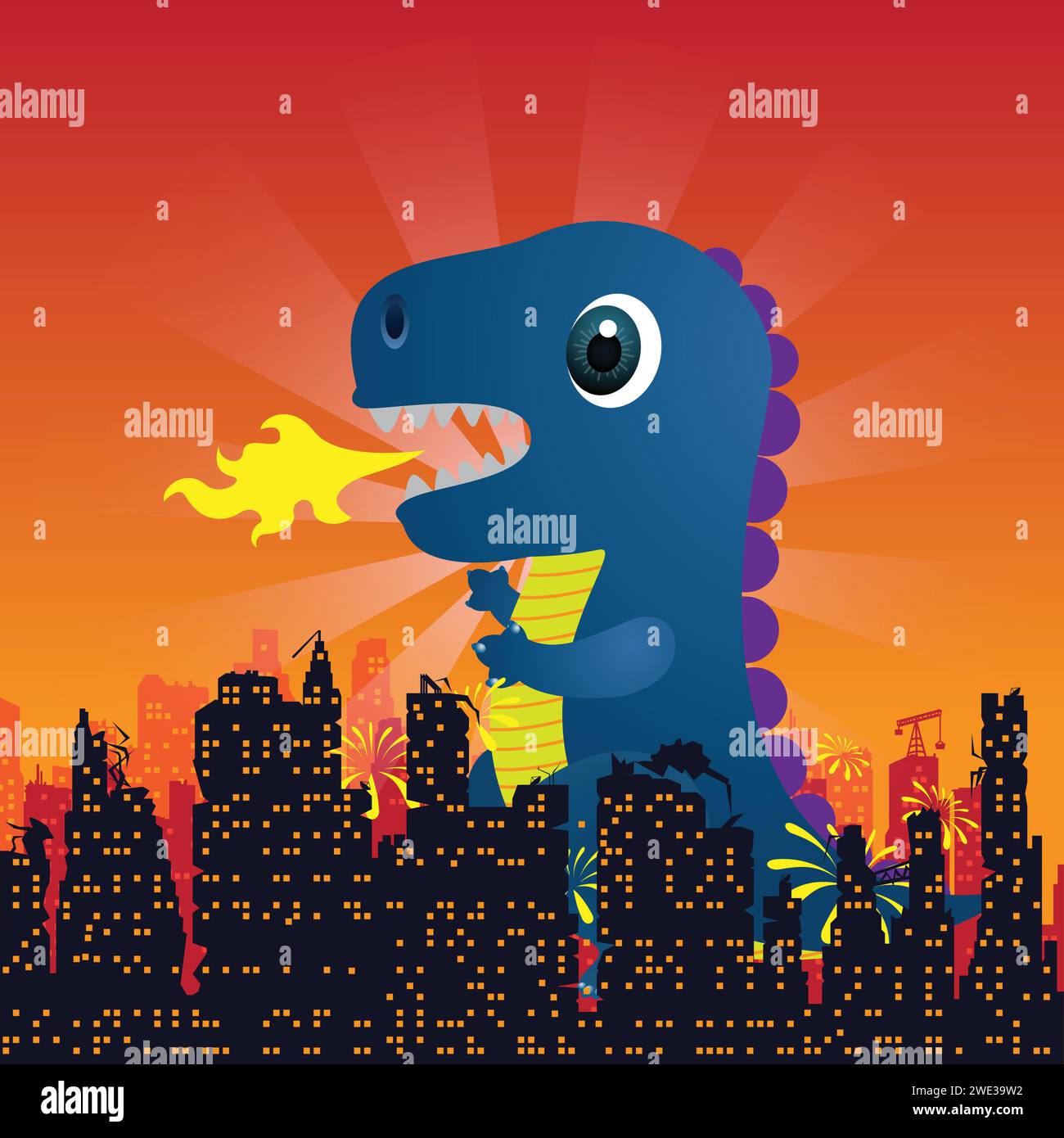 Cute Godzilla Monster Character in city on white background vector ...