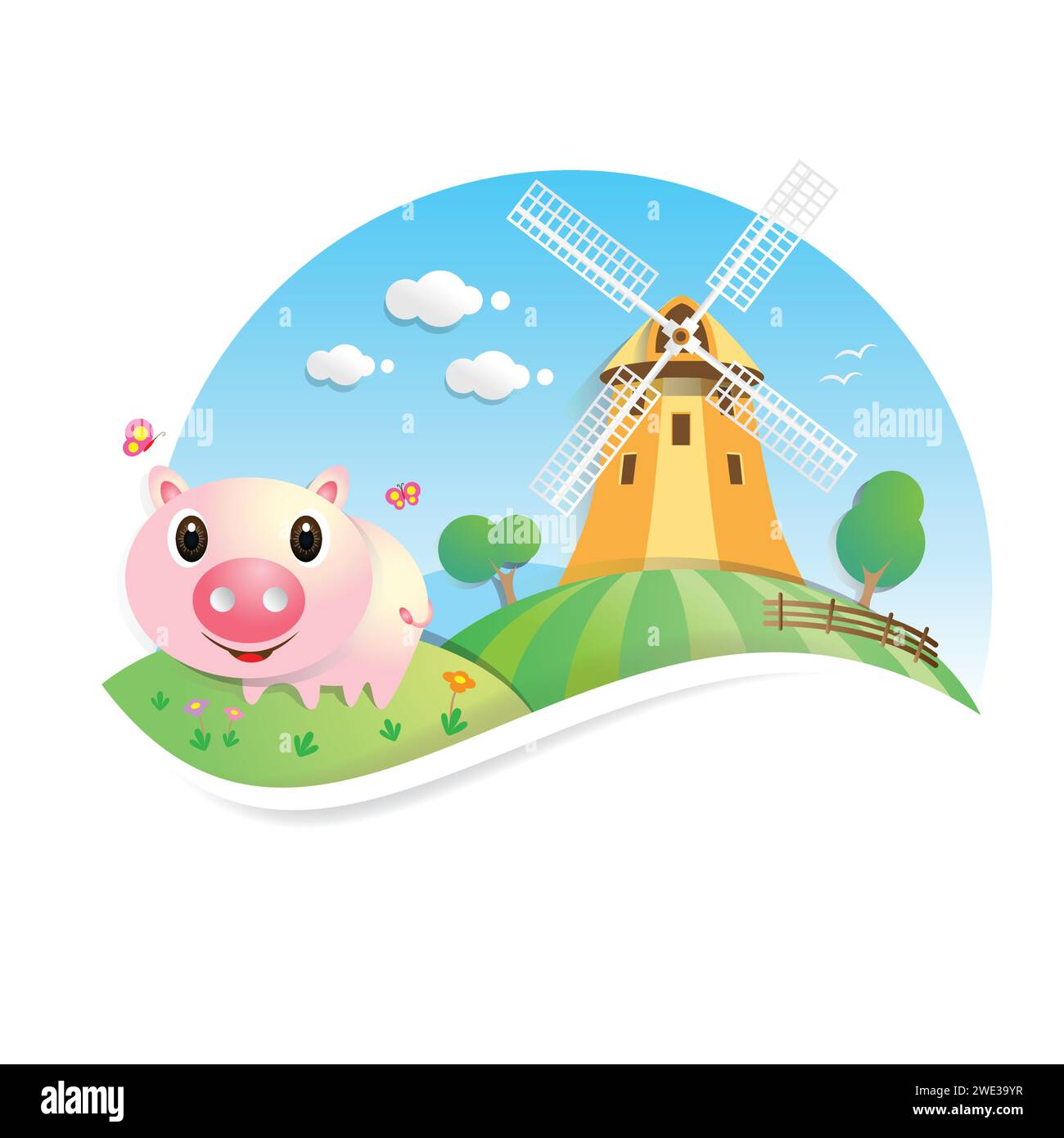 Farm cartoon on countryside background flat vector illustration Stock ...