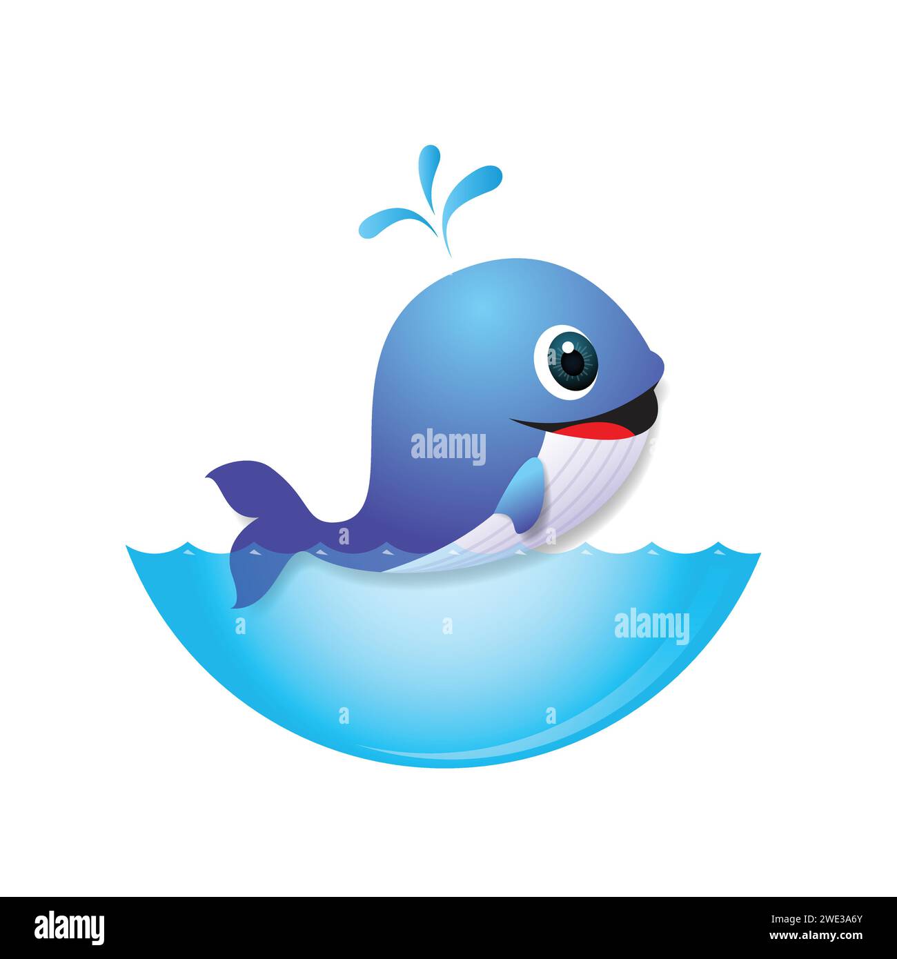 Cute Whale cartoon blowing fountain in the blue sea Waves on white ...