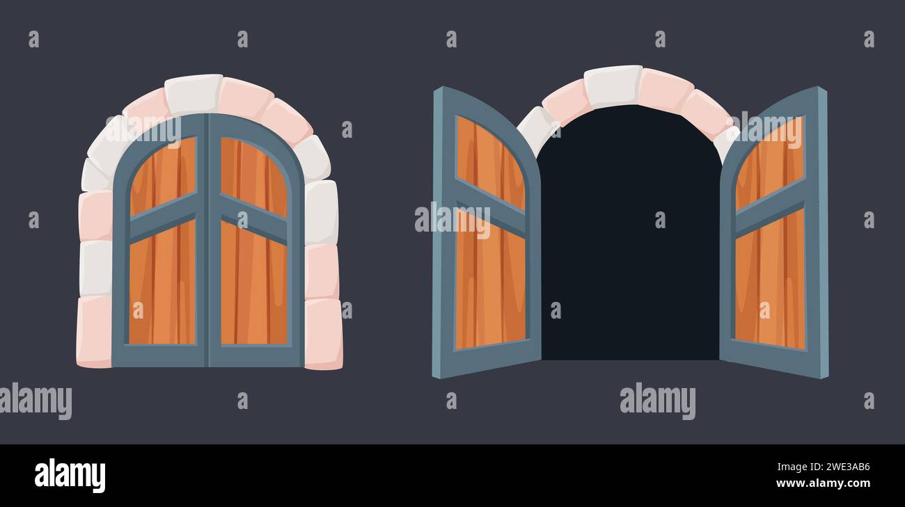 Medieval castle gate. Cartoon wooden doors open and close. Kingdom ...