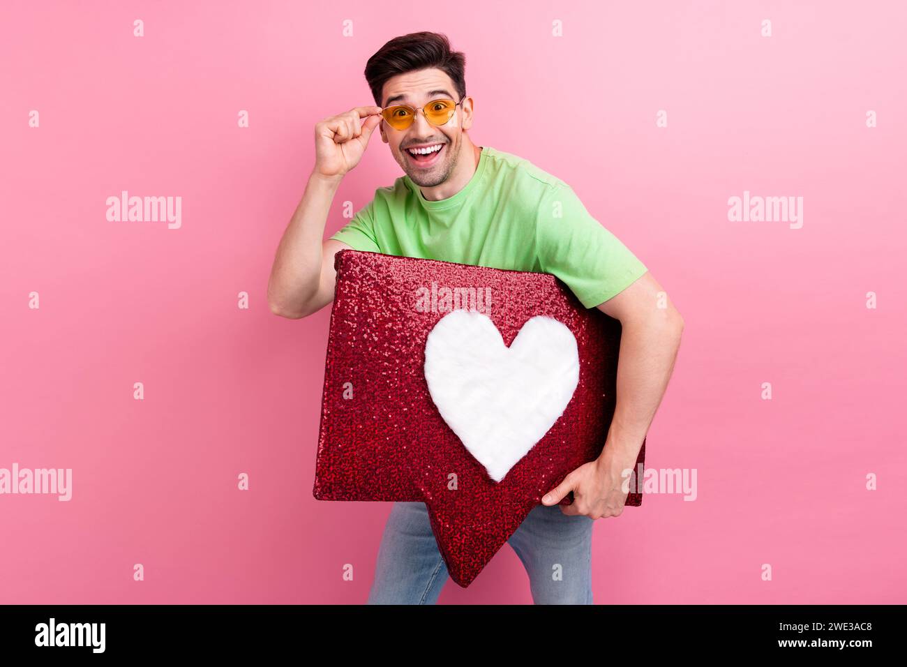 Photo of macho man wear t shirt touching sunglasses hold collage paper ...