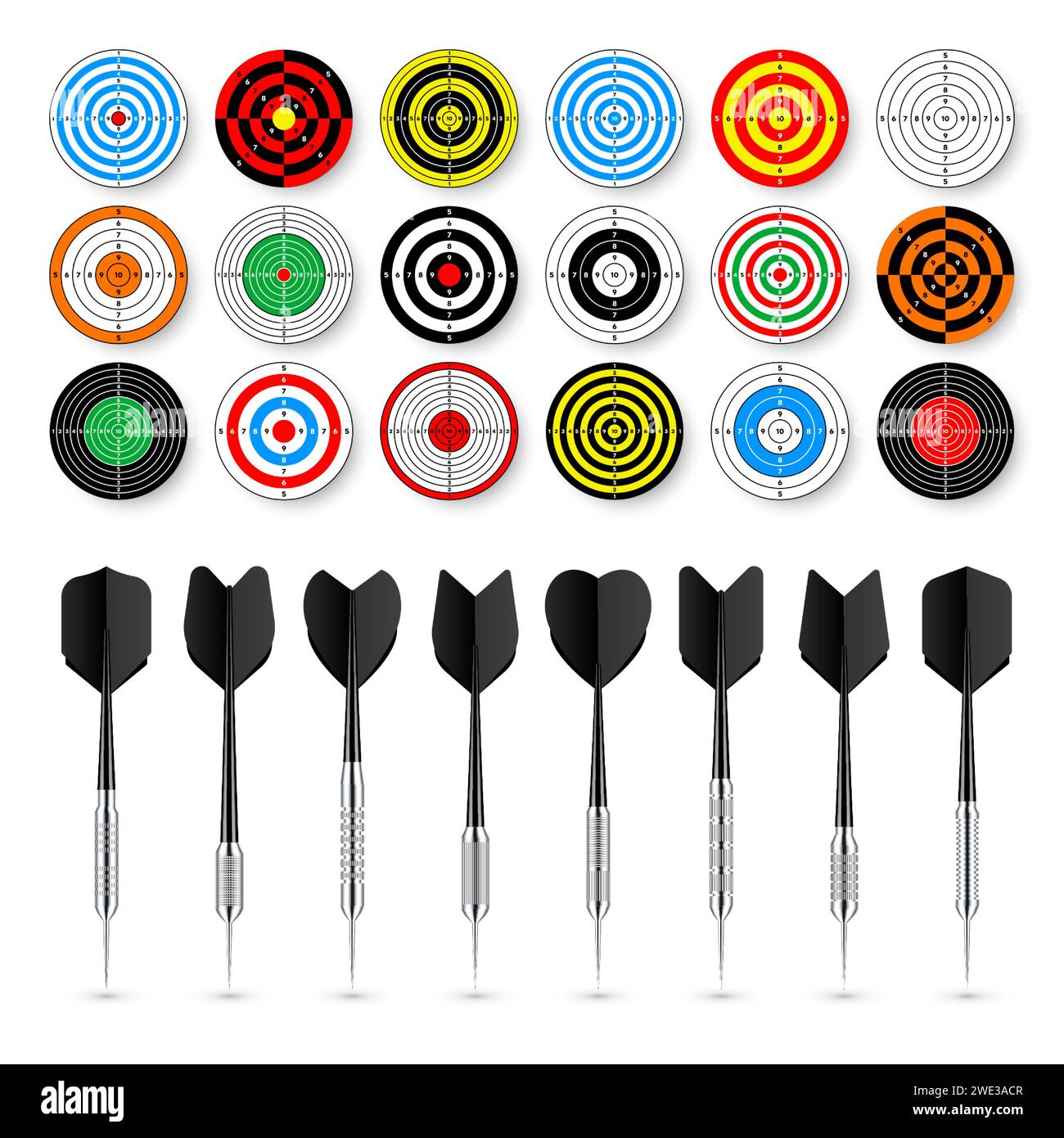 Paper targets with dart arrows and shadows. Shooting range round target ...