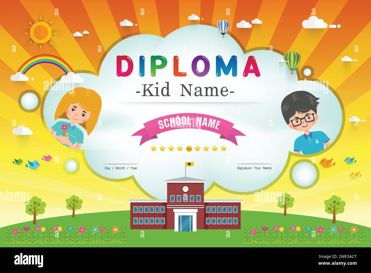 Certificate kids diploma, kindergarten template layout background frame ...