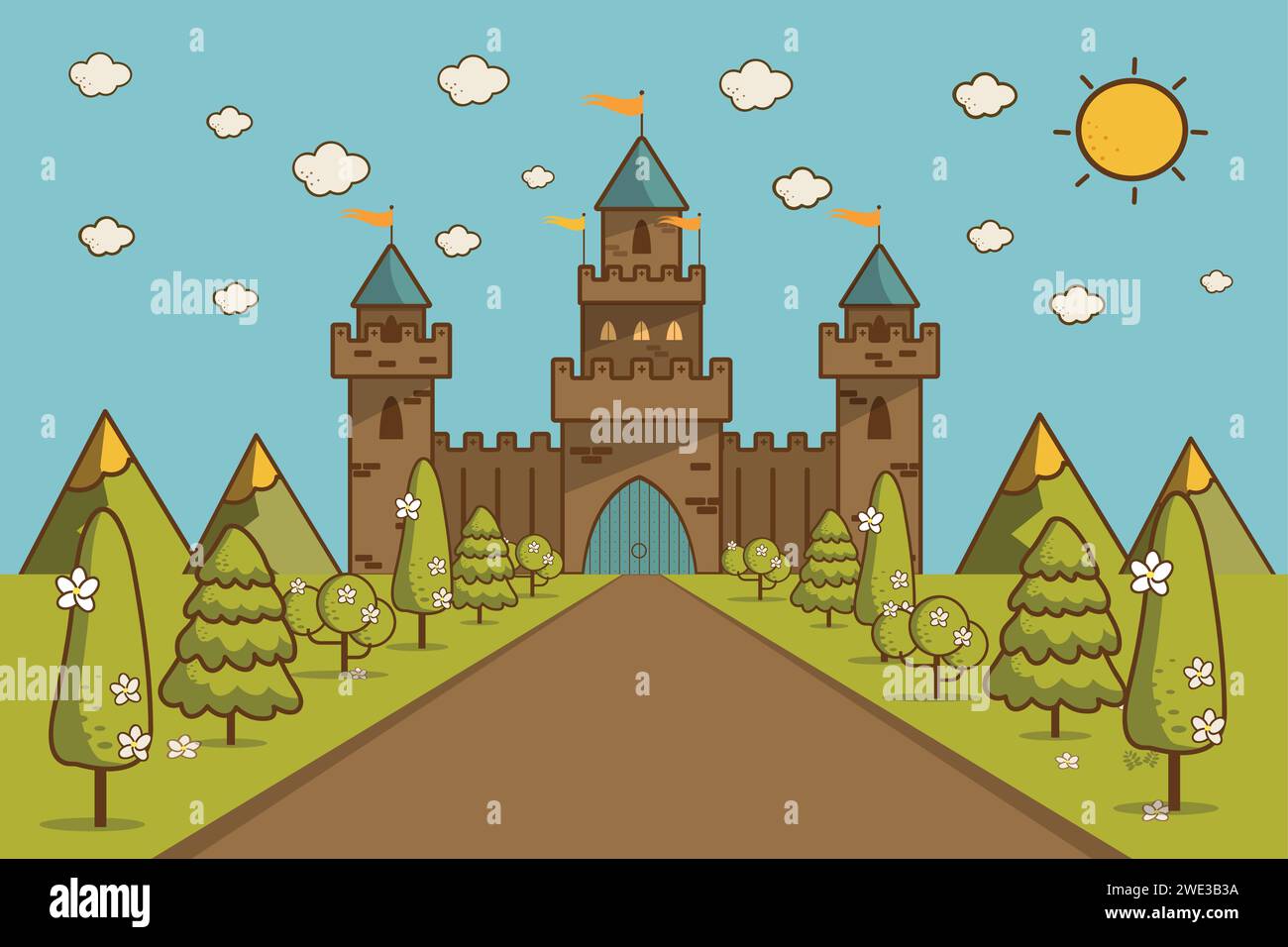 Cute cartoon fantasy fairytale castle in a landscape of a rolling hills ...