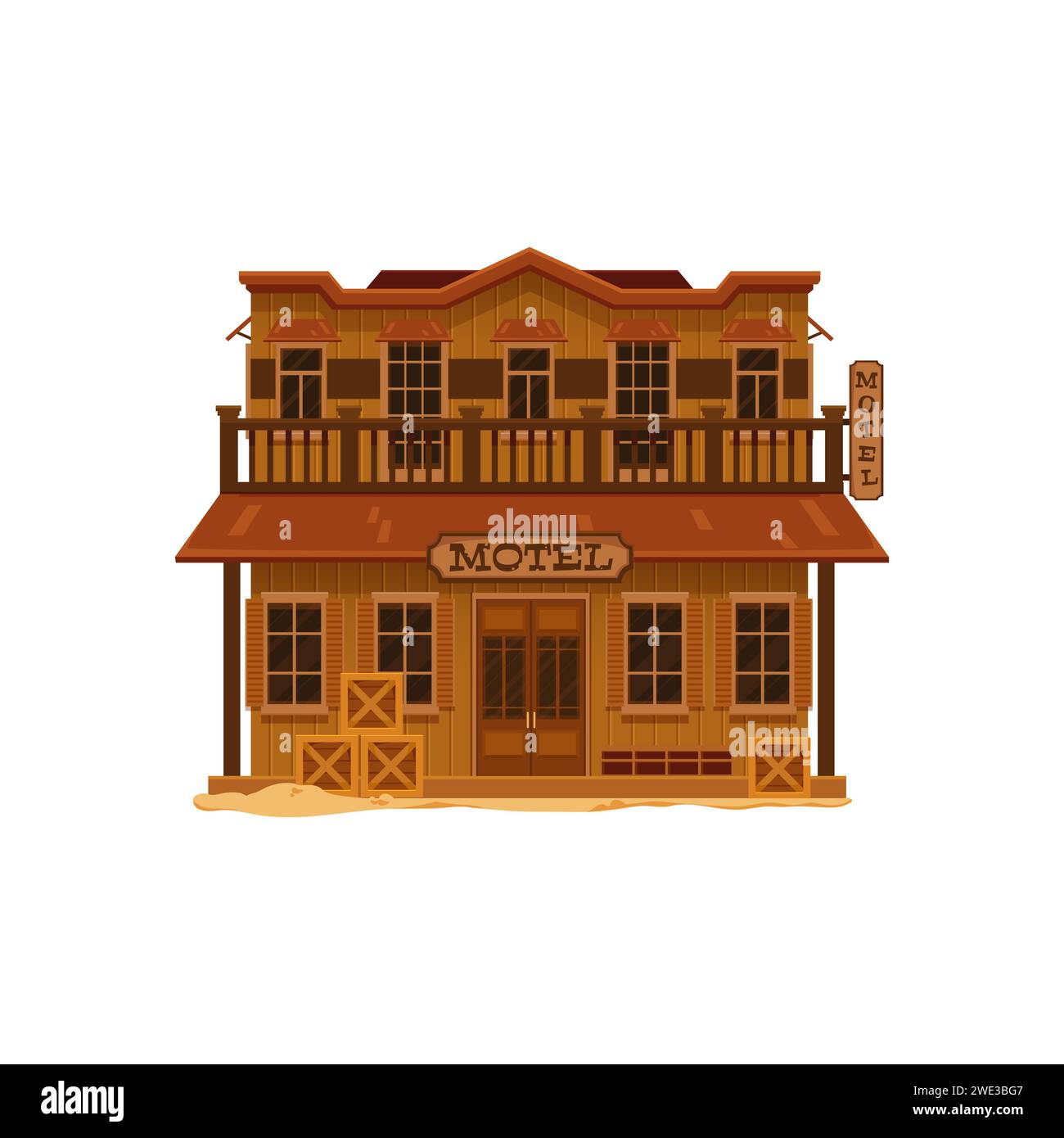 Western Wild West town motel cartoon building. Vector old two storey ...